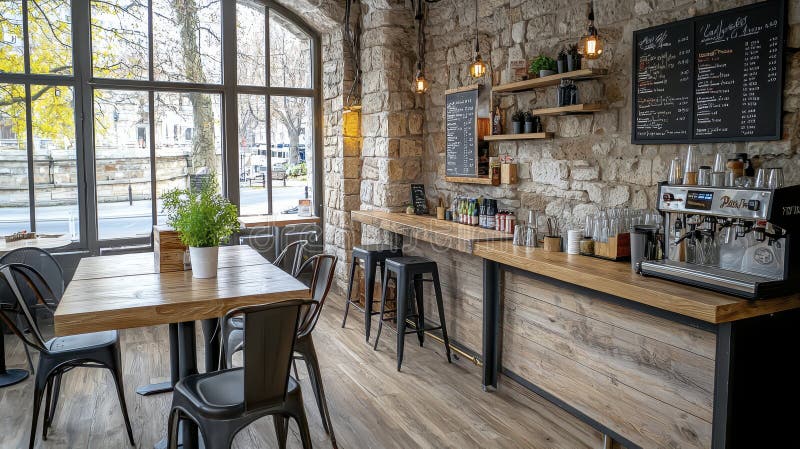 Rustic Cafe Interior with Wood and Stone Accents Stock Image - Image of ...