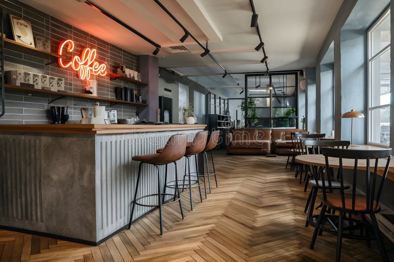 Rustic Cafe Interior with Wooden Counter, Leather Bar Stools ...
