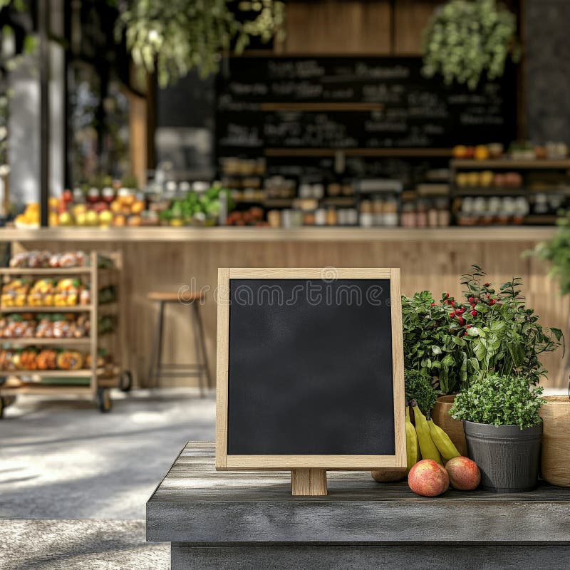 Rustic Cafe Setting with Front View of Blank Blackboard on Wooden ...