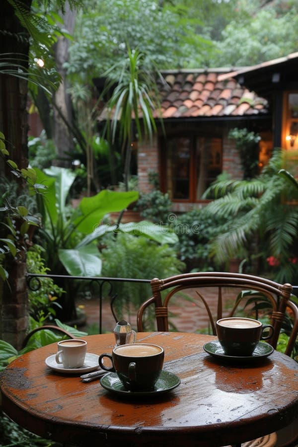 A Rustic Cafe Table Set Against a Lush Garden Backdrop, Inviting ...