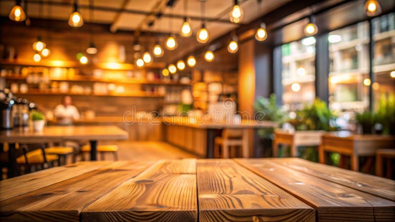 Rustic Cafe Wooden Table, Warm Lighting, Blurred Background Stock ...