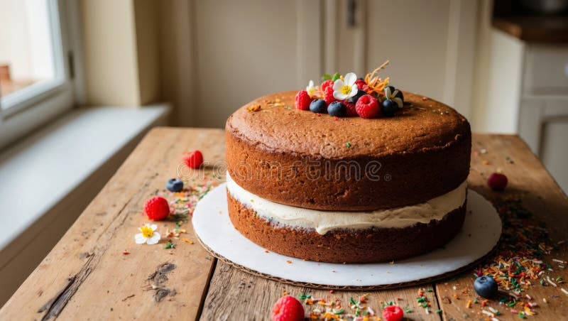 Rustic Cake with Colorful Toppings in Cozy Kitchen. Stock Photo - Image ...