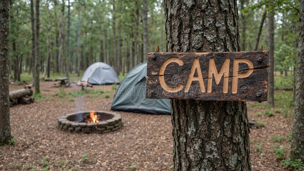 Rustic Camp Sign in Forest Clearing with Tents and Firepit Stock ...