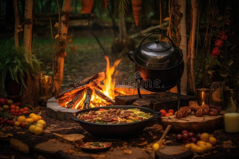 Rustic Campfire Setup with Paella Pan and Warm Flames Stock ...
