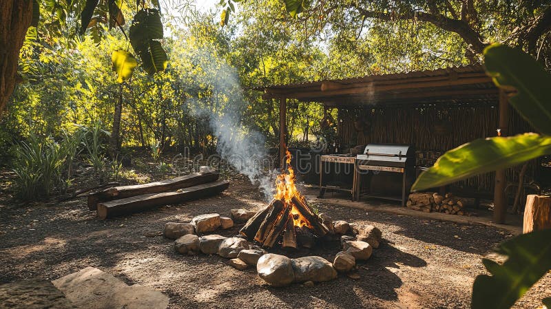 A Rustic Campfire Surrounded by Wooden Logs and a Grill for Cooking ...