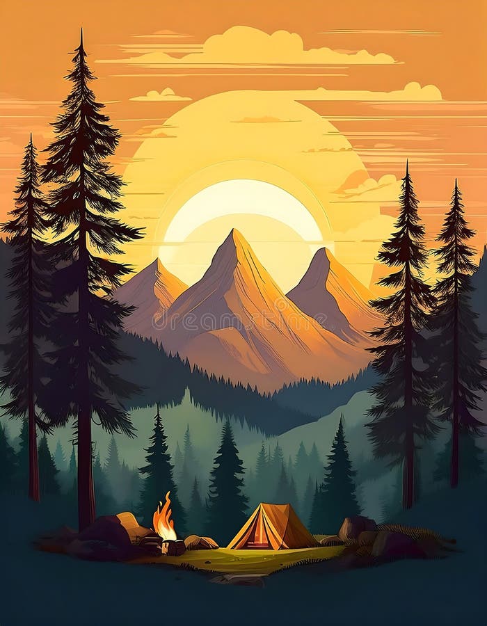 Rustic Camping Adventure with Mountain Silhouette, Pine Trees, and a ...