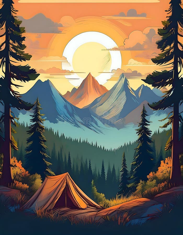 Rustic Camping Design with Mountain Range and Pine Trees at Sunset ...