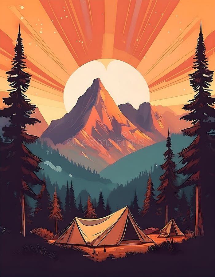 Rustic Camping Design with Mountain Range and Pine Trees during Sunset ...
