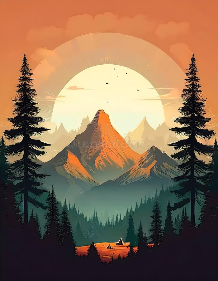 Rustic Camping Design with Mountain Silhouette and Pine Trees at Sunset ...