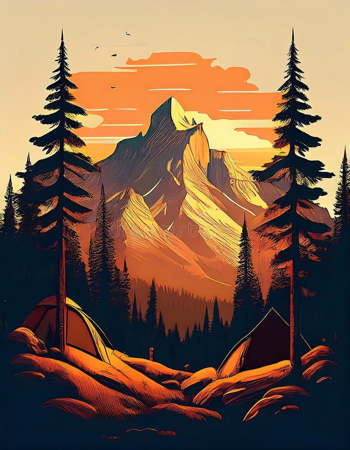 Rustic Camping Design Showcasing Mountain Range and Pine Trees during ...