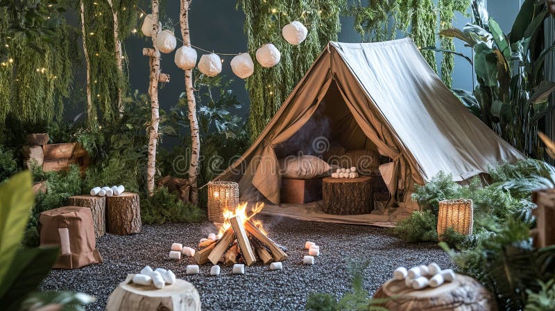 A Rustic Camping Party with a Bonfire, Marshmallows, and a Tent Setup ...