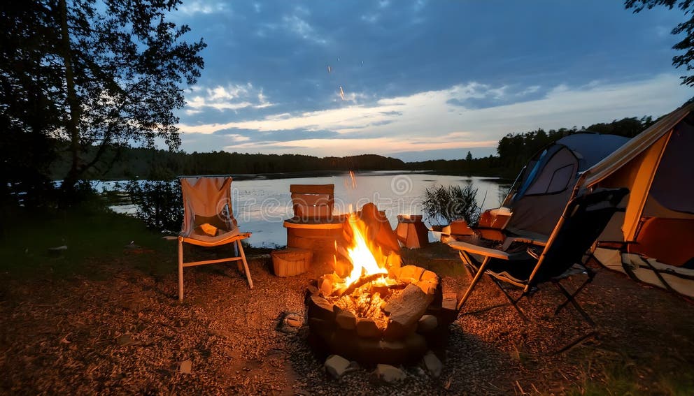 Rustic Camping Scene with Campfire and Cozy Setup beside a Peaceful ...