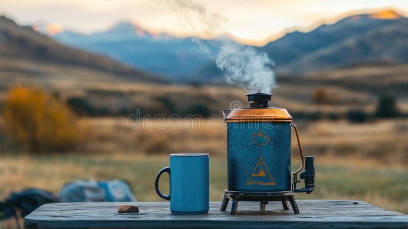 Rustic Camping Scene with Steaming Kettle and Mug in Mountain Landscape Stock Image - Image of ...