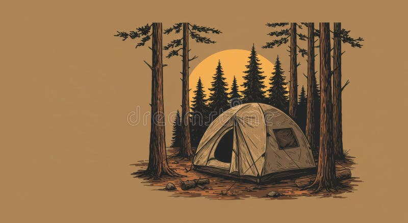 Rustic Camping Scene with Tent in Forest at Sunset Stock Illustration ...