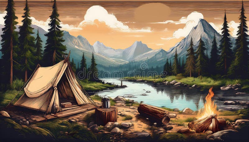 A Rustic Camping Setup with a Tent, Lantern, and Campfire Near a ...