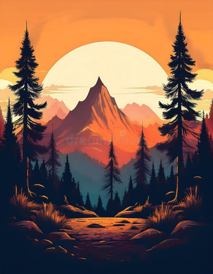 Rustic Camping Theme with Mountains and Pine Trees at Sunset Showcasing Natures Beauty and ...