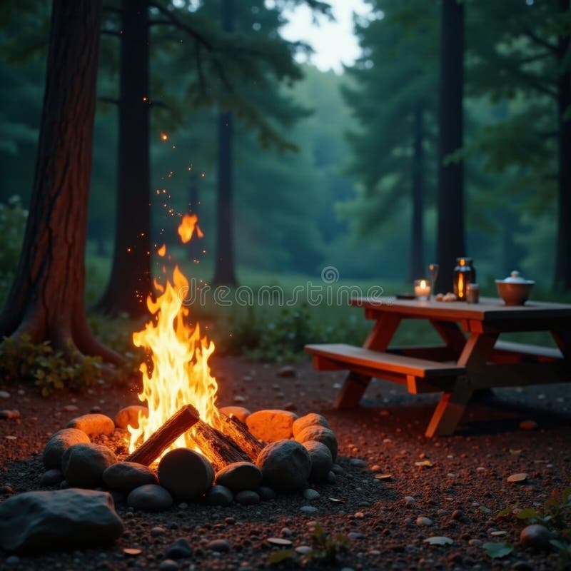 Rustic Campsite, Crackling Campfire, Wooden Picnic Table, Branches ...