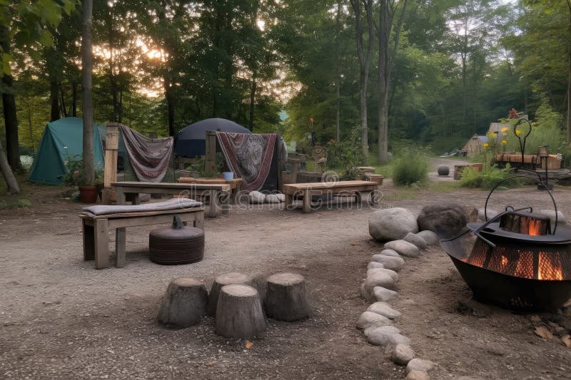 Rustic Campsite with Lantern, Fire Pit, and Cozy Blankets Stock ...