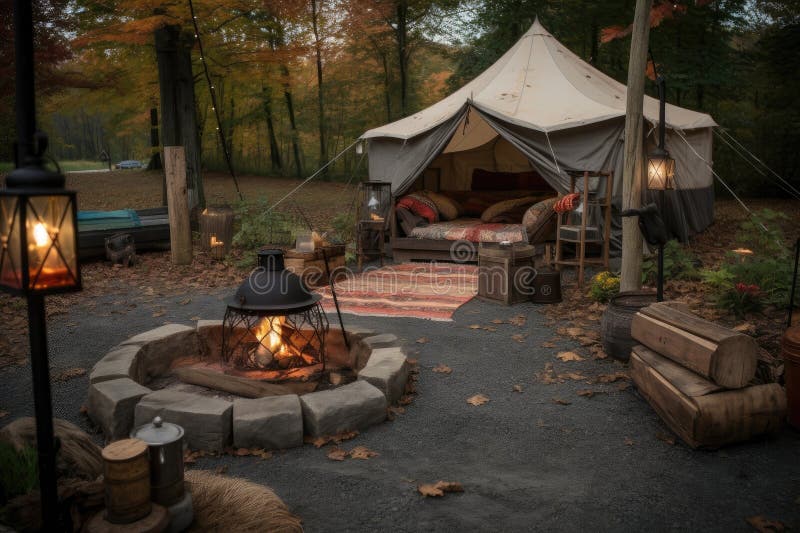 Rustic Campsite with Lantern, Fire Pit, and Cozy Blankets Stock Image ...