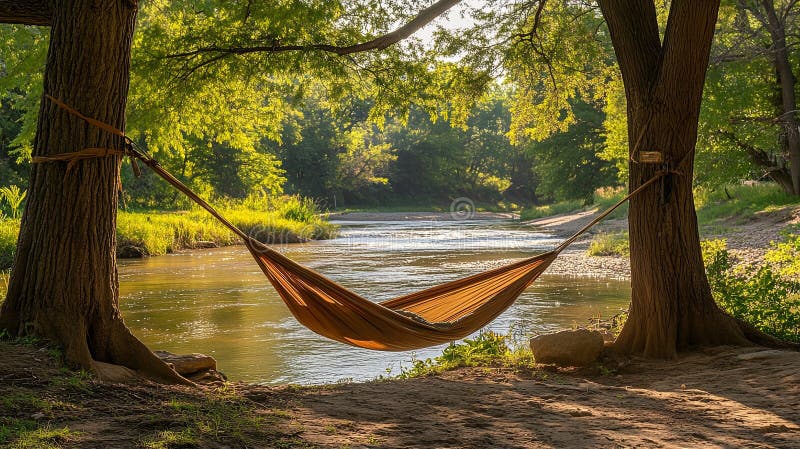 A Rustic Campsite by a River with a Hammock Tied between Two Trees ...
