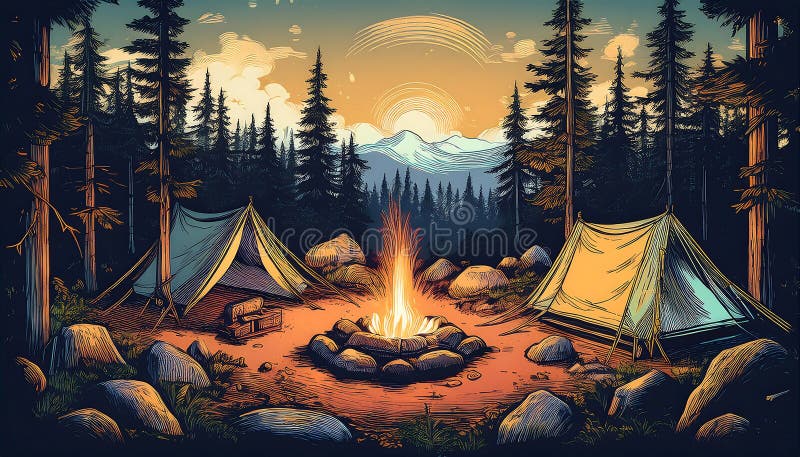 A Rustic Campsite at Sunset with Tents Surrounded by Rocks and a Warm ...
