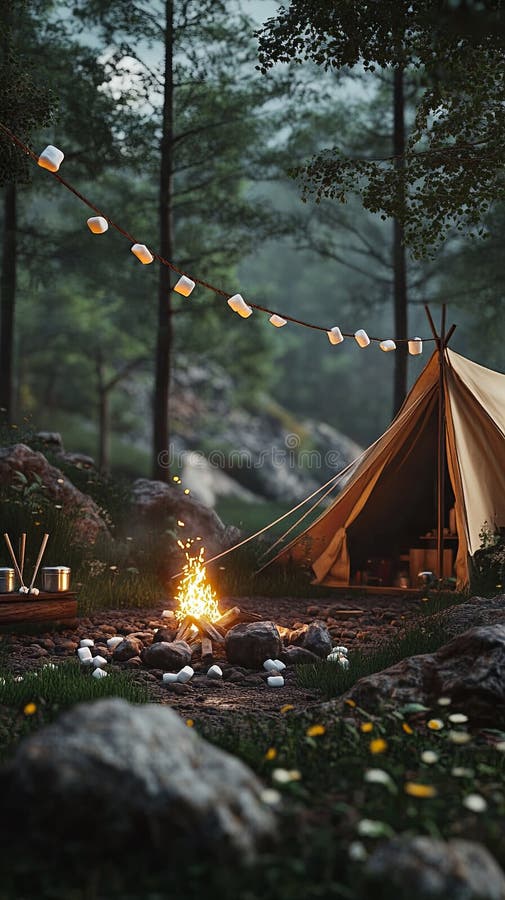 A Rustic Campsite with a Tent, Campfire, and Marshmallows on Sticks ...