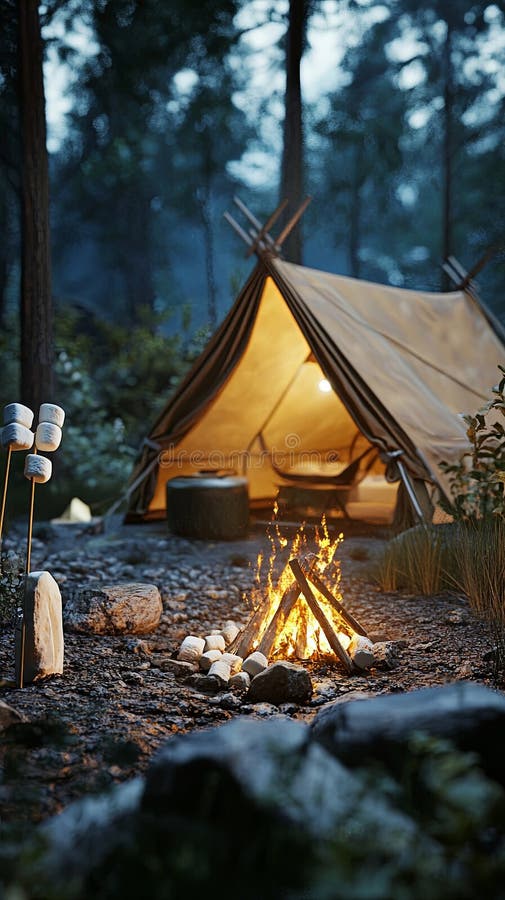 A Rustic Campsite with a Tent, Campfire, and Marshmallows on Sticks ...