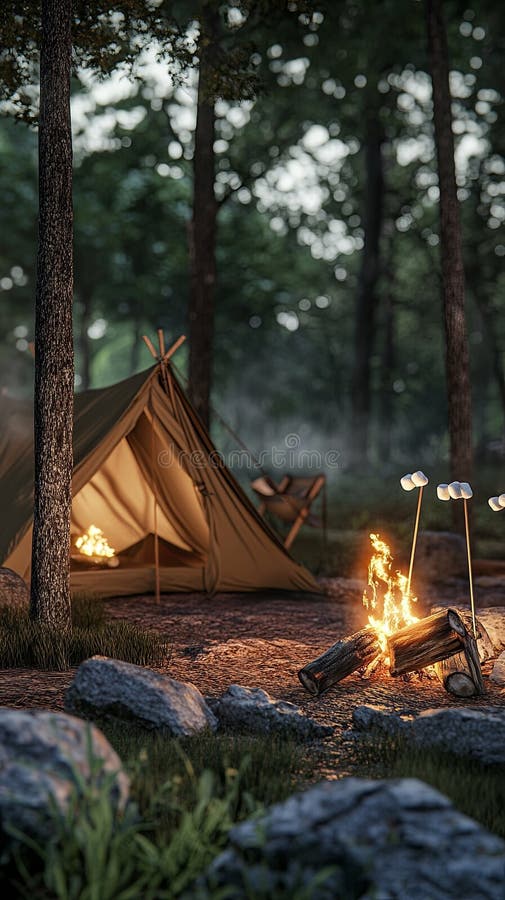 A Rustic Campsite with a Tent, Campfire, and Marshmallows on Sticks ...
