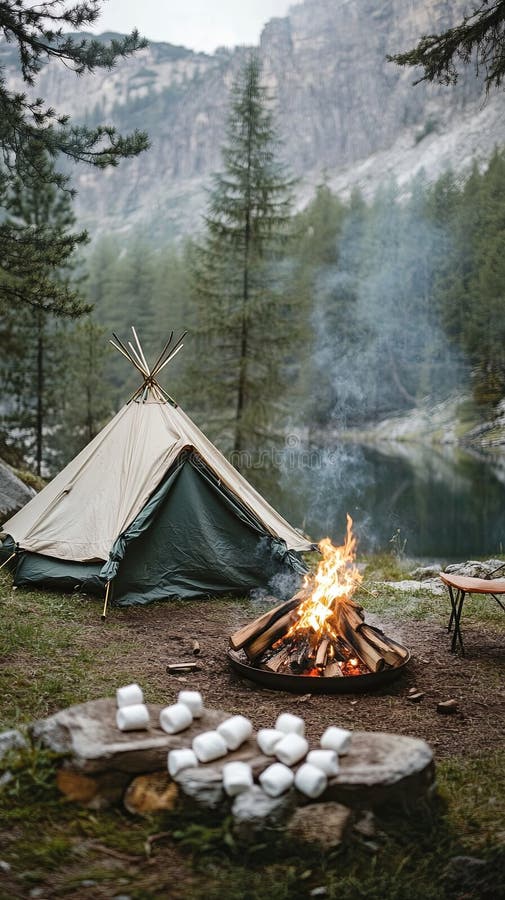 A Rustic Campsite with a Tent, Campfire, and Marshmallows on Sticks ...