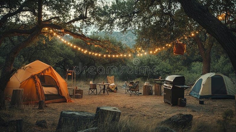 A Rustic Campsite with Tents, a Grill, and a String of Lights Overhead ...