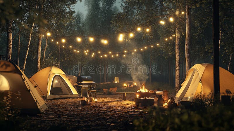 A Rustic Campsite with Tents, a Grill, and a String of Lights Overhead ...