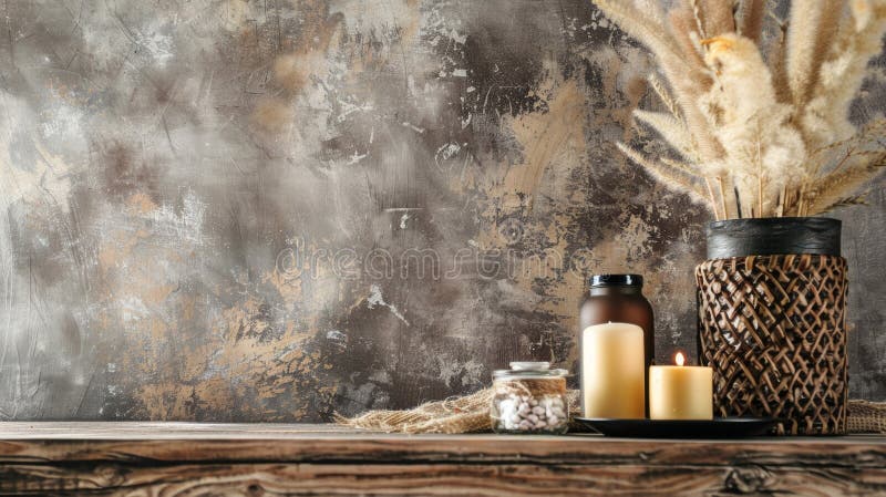 Rustic Candle and Decor Set on Wooden Table Stock Image - Image of ...