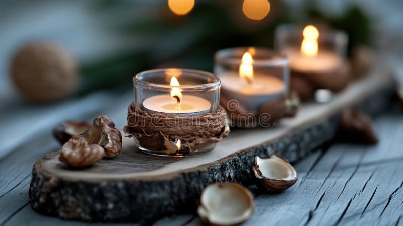 Rustic Candle Display with Natural Accents on Wooden Surface Stock ...