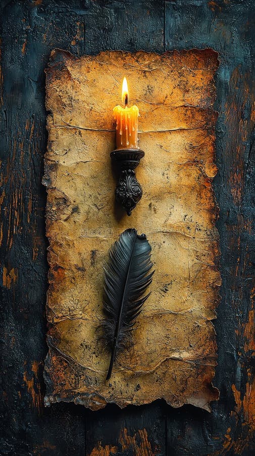Rustic Candle and Feather on Aged Parchment Background Stock Photo ...