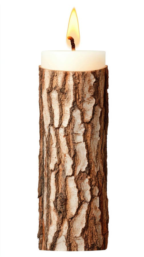 A Rustic Candle Featuring a Unique White Bark-like Texture is Lit and ...