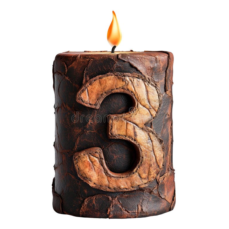 Rustic Candle in the Shape of the Number Three with a Textured Leather ...