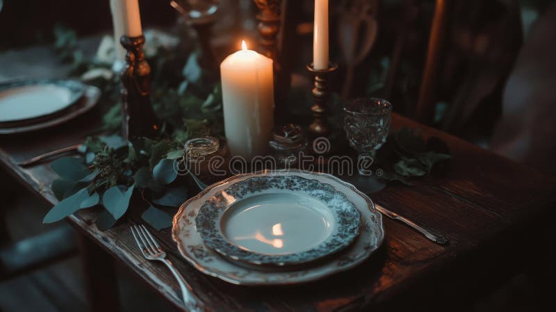 Rustic Candlelit Dinner Table Setting with Vintage Plates Stock ...