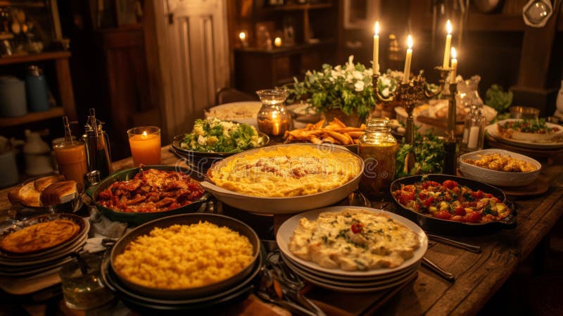 A Rustic Candlelit Feast Abundant with Delicious Food Stock ...
