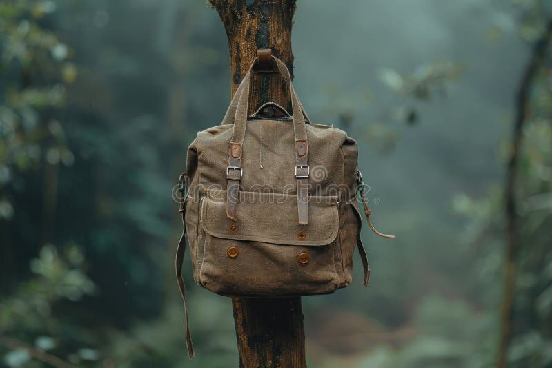 Rustic Canvas Backpack Hanging in Misty Forest Setting Stock Image ...