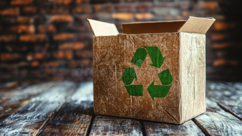 A Rustic Cardboard Box Featuring a Green Recycling Symbol, Emphasizing ...