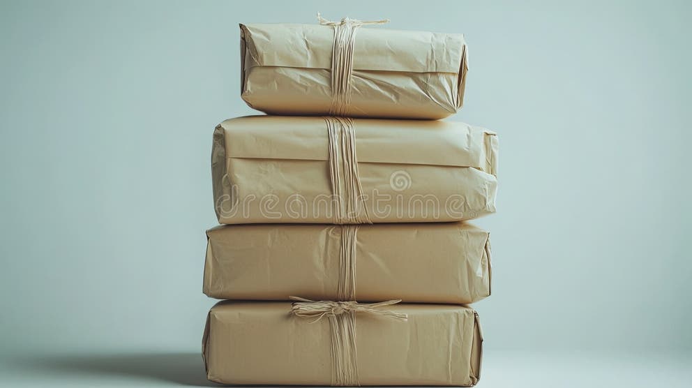 Rustic Cardboard Boxes Stack with Brown Ribbon for Packaging Stock ...