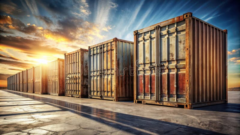 Rustic Cargo Containers at Sunset a Row of Weathered Shipping Units ...