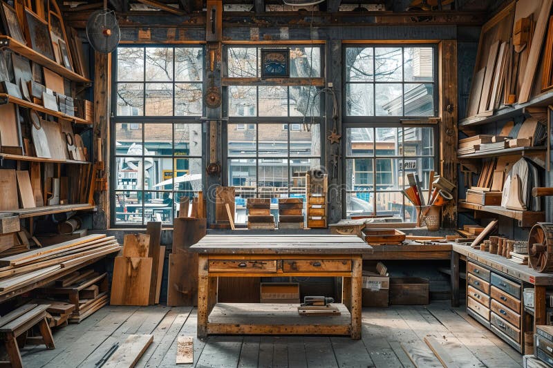 A Rustic Carpentry Shop Filled with Wood Materials and Tools during ...