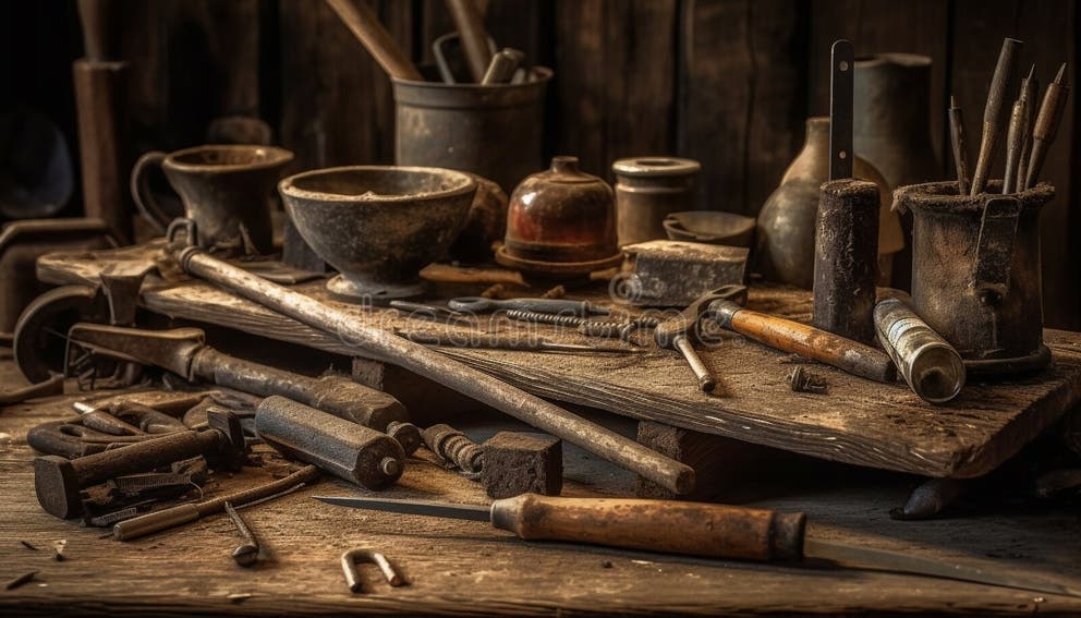 Rustic Carpentry Workshop with Old Fashioned Hand Tools and Antique ...
