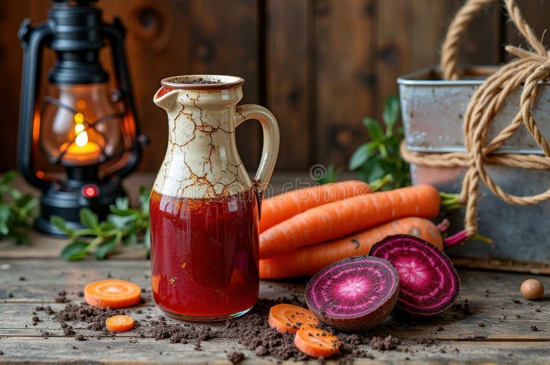 Rustic Carrot and Beet Juice with Lantern on Wooden Table Stock Image ...