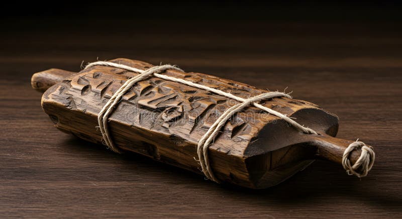 Rustic Carved Wooden Object with Rope on Wooden Table Stock ...