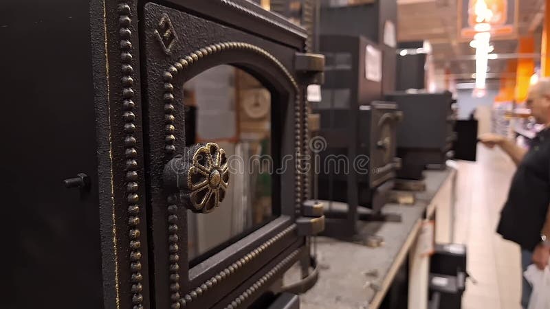 Rustic Cast Iron Stove Display in Store Showroom Stock Footage - Video ...
