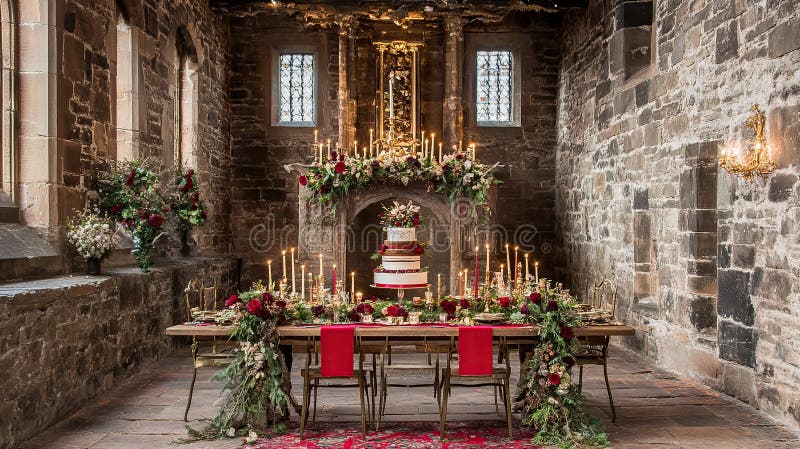 Rustic Castle Wedding Cake Display, Floral Decor Stock Image - Image of ...