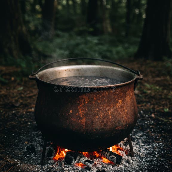 Rustic Cauldron Over a Fire in a Dark Forest Stock Illustration ...