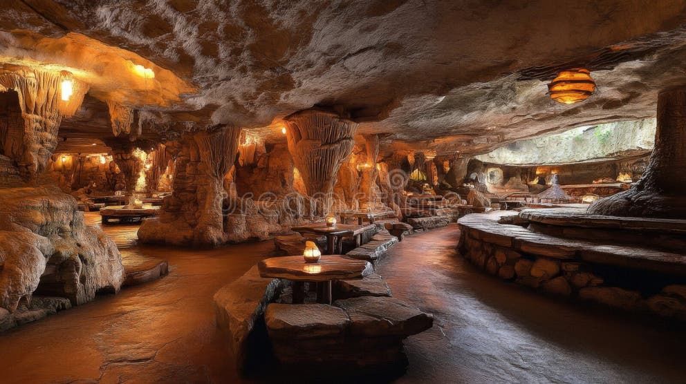 Rustic Cave Restaurant Interior with Warm Lighting Stock Illustration ...